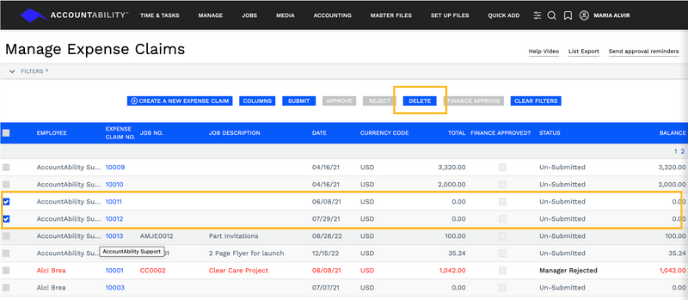 How to delete an expense claim